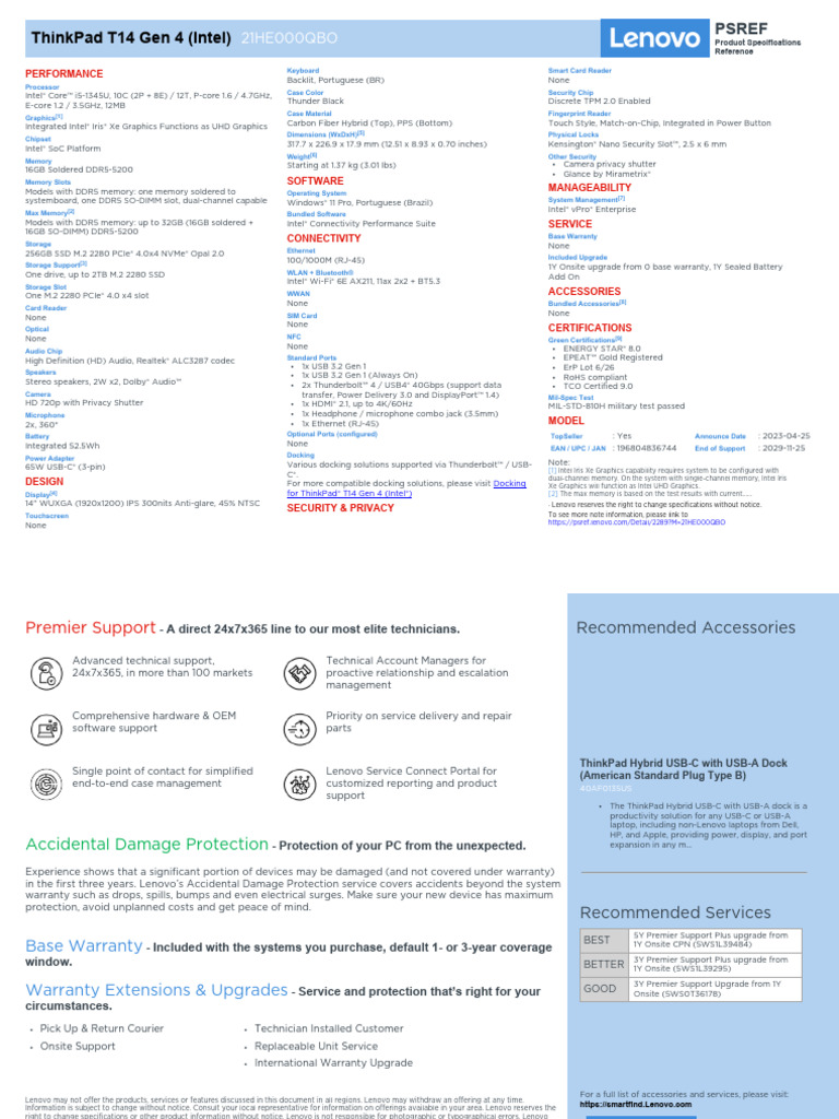 ThinkPad T14 Gen 4 Intel 21HE000QBO | PDF | Usb | Personal Computing