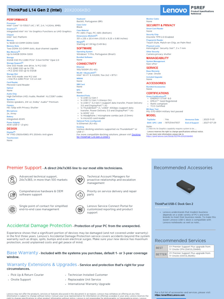 ThinkPad L14 Gen 2 Intel 20X2006KBO | PDF | Computing | Computer Hardware