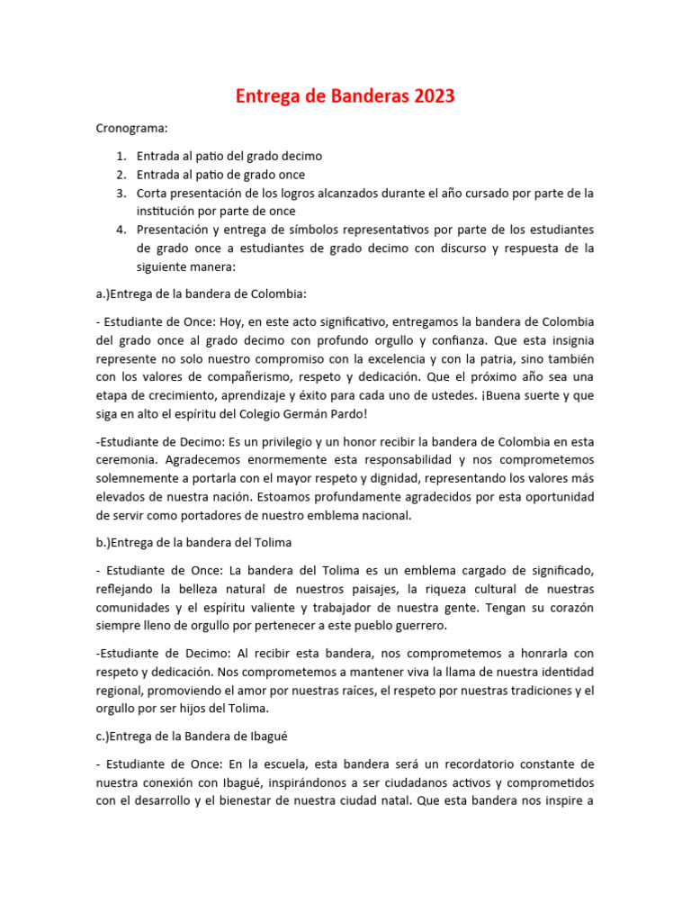 Entrega De Banderas 2023 En El Colegio Pdf Bandera