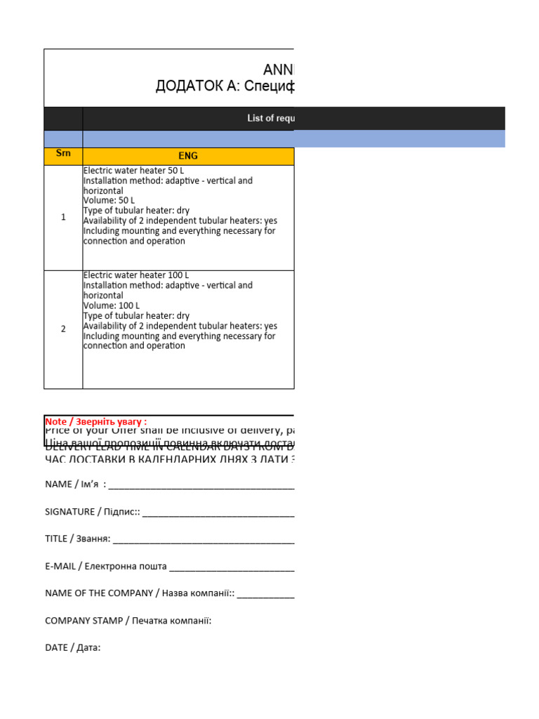 Annex A - Financial Offer - ITB - 017 - Electric Water Heaters | PDF