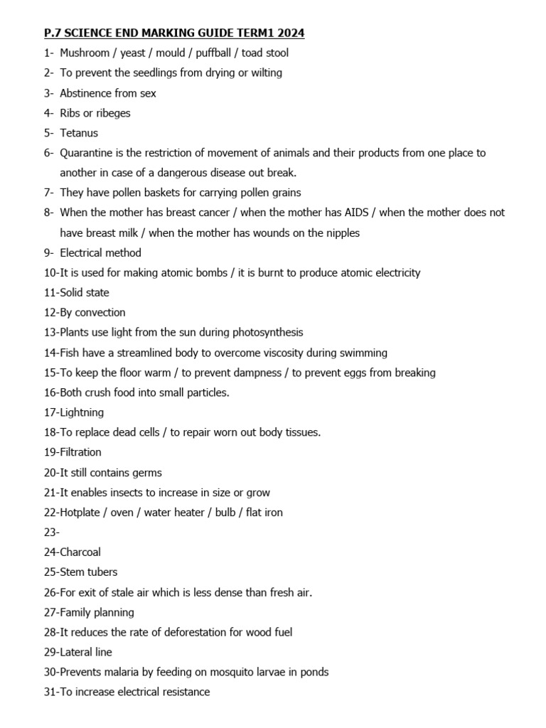 P.7 Science Marking Guide End of Term 1 2024 | PDF | Seed P.7 Science Marking Guide End of Term 1 2024 | PDF | Seed