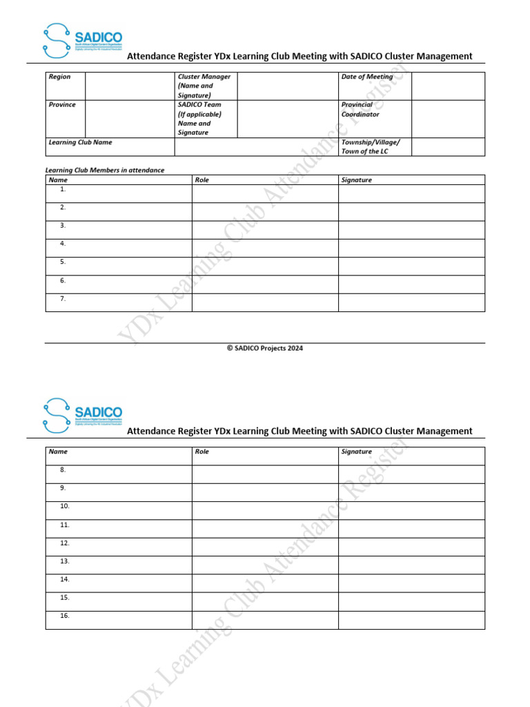 Attendance Register for YDx Meeting | PDF