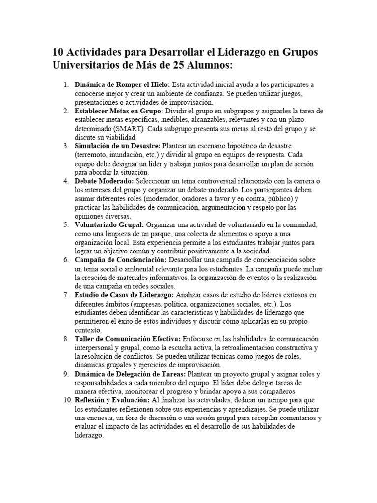 10 Actividades para Desarrollar el Liderazgo en Grupos Universitarios ...