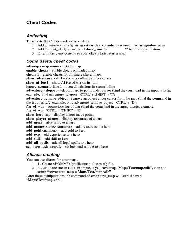 HOMM5 A1 CheatCodes | PDF | Teaching Methods & Materials | Computers