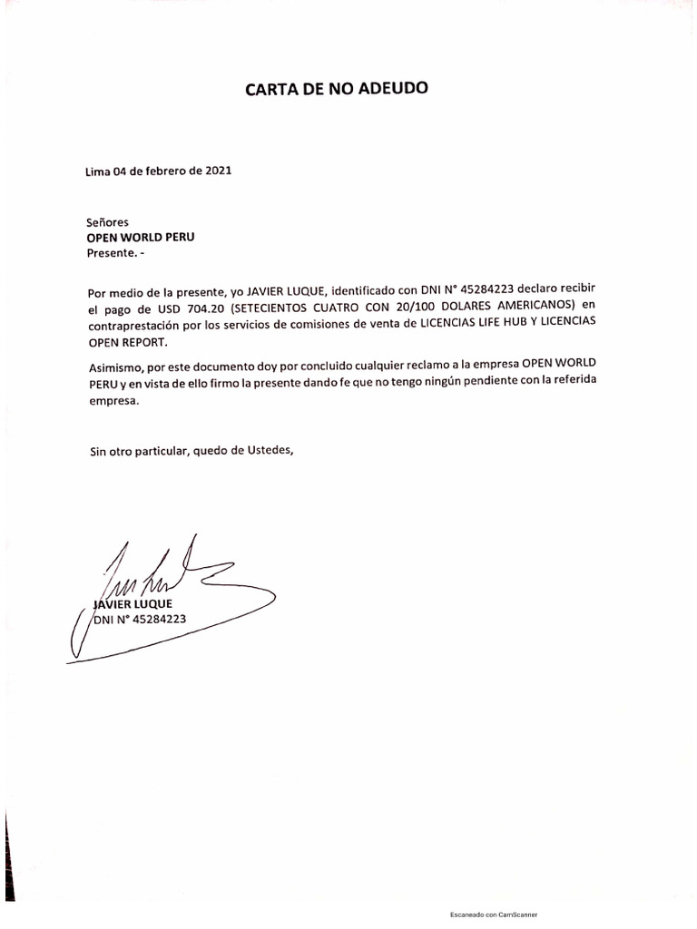 Carta de No Adeudo | PDF