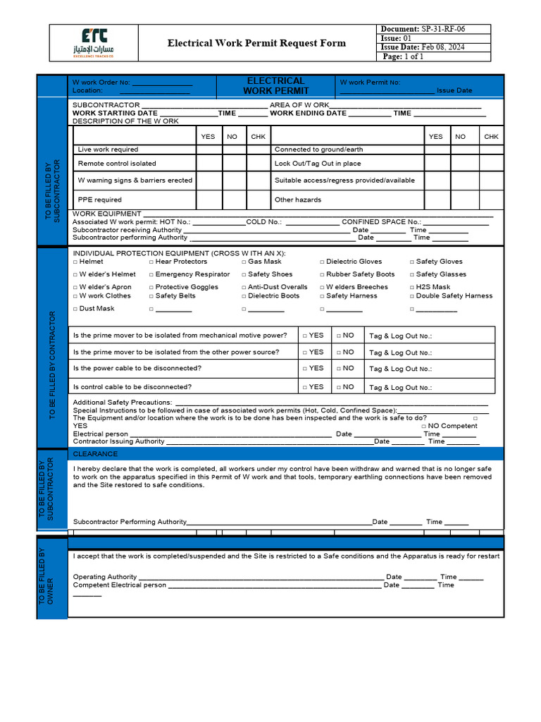 Electrical Work Permit Request Form | PDF | Personal Protective ...