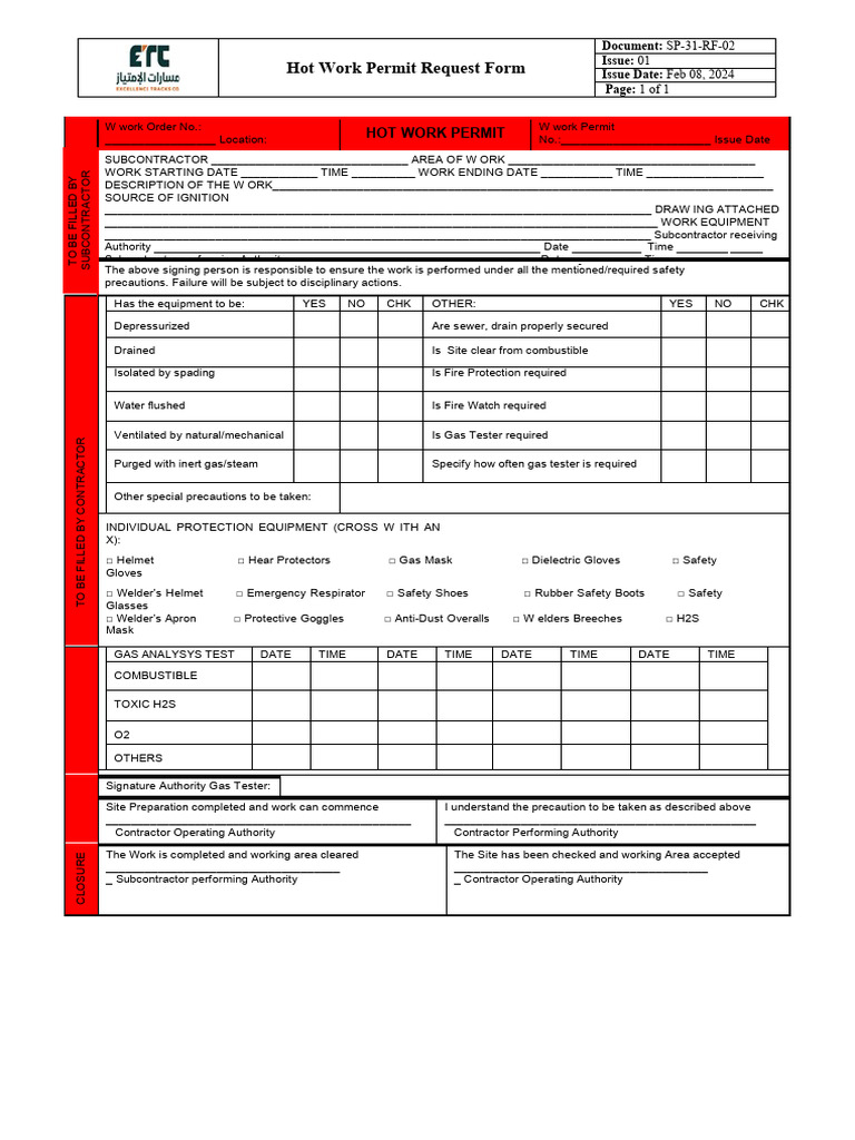 SP-31-RF-02 Hot Work Permit Request Form | PDF | Occupational Safety ...