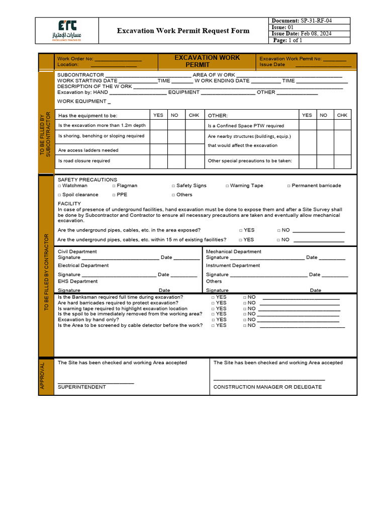 SP-31-RF-04 Excavation Work Permit Request Form | PDF | Safety