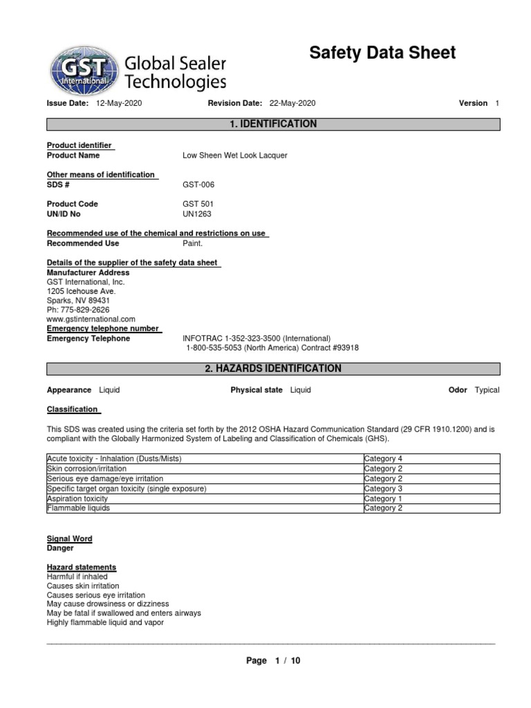 Low Sheen Wet Look Lacquer SDS | PDF | Superfund | Occupational Safety ...