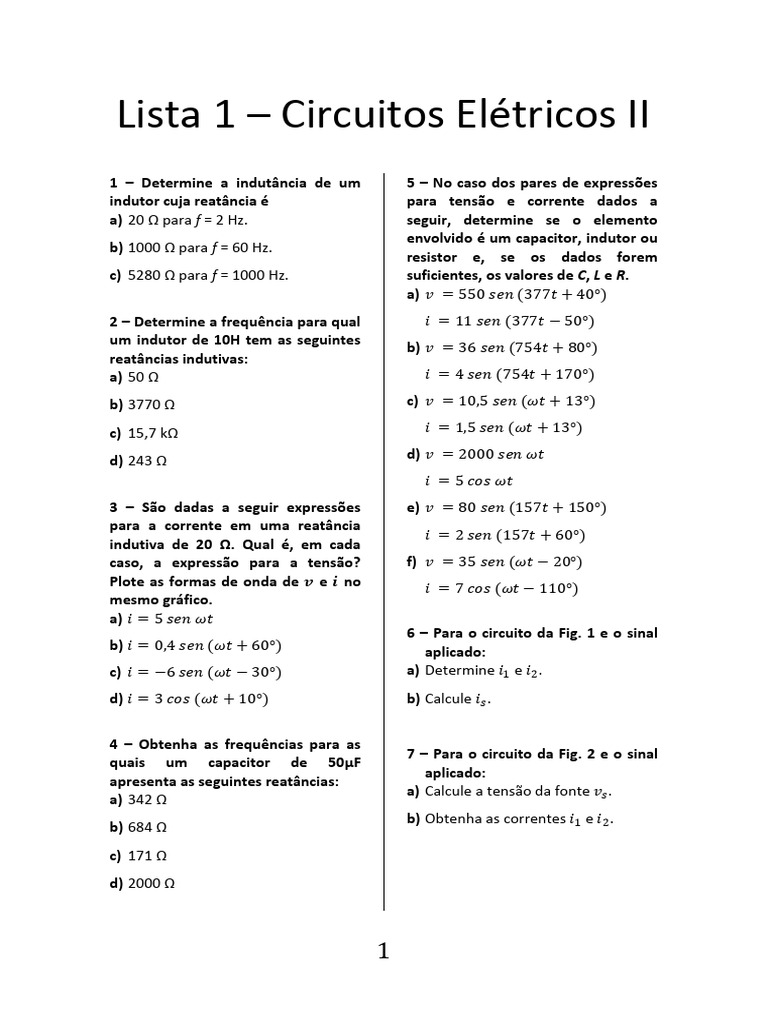 Circuitos Elétricos II - Lista 1 | PDF | Rede elétrica | Indutor