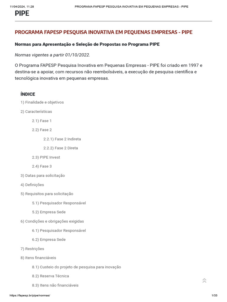 Programa Fapesp Pesquisa Inovativa em Pequenas Empresas - Pipe | PDF ...