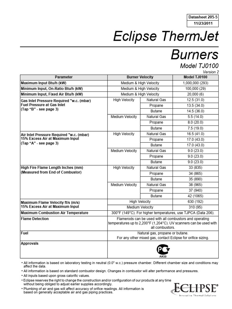 V2 ThermJet TJ0100 Datasheet 205-5 | PDF | Combustion | Propane