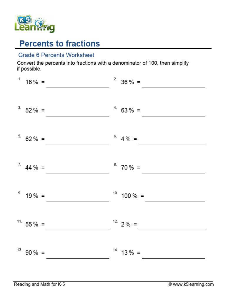 Worksheetsmathgrade 6 Percents To Fractions B PDF | PDF