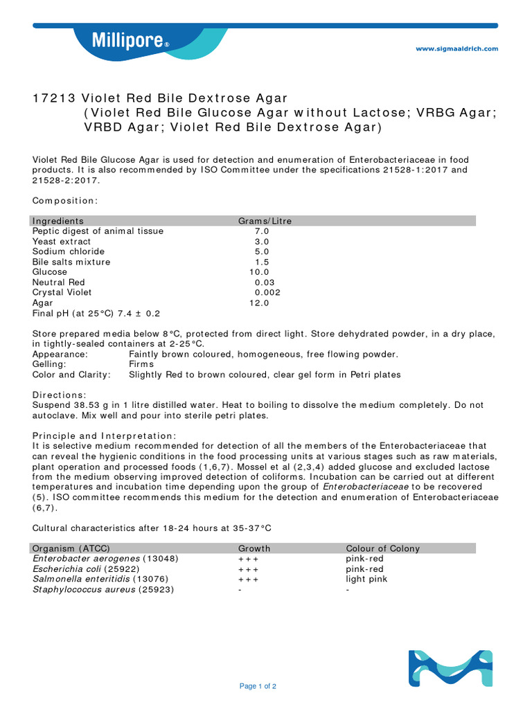 VRBD Sigma Dat | PDF | Agar | Glucose