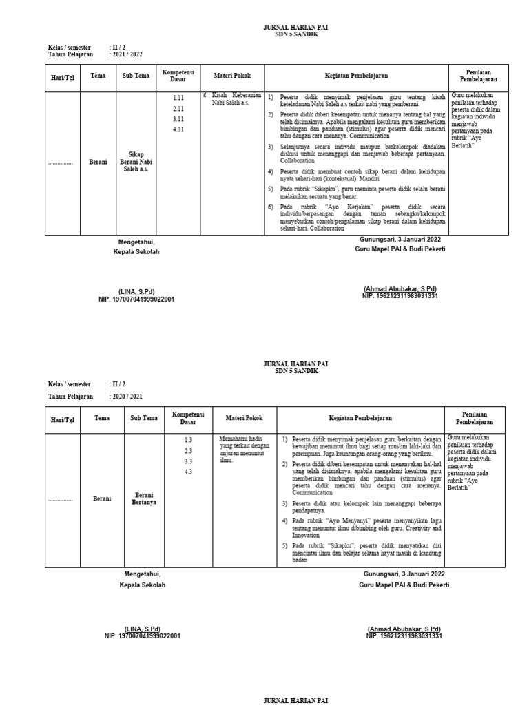 Jurnal Harian PAI Kelas II SDN 5 & 4 | PDF
