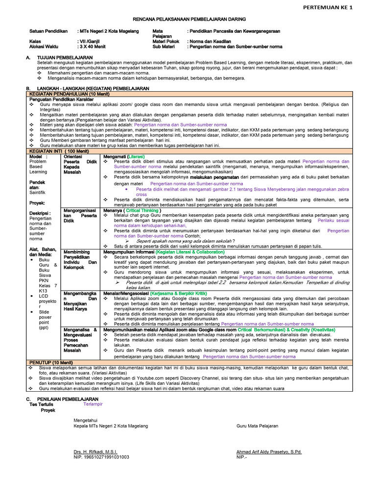 RPP Daring Kelas 7 PPKN BAB 2 Pertemuan 1 | PDF