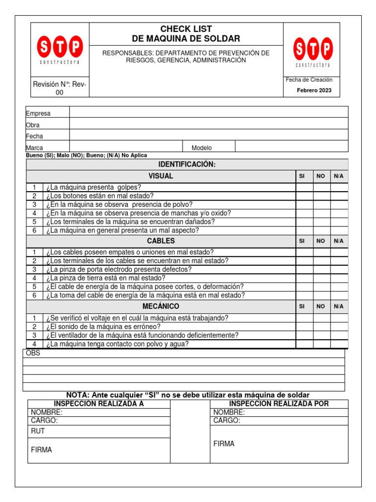Check List Maquina de Soldar Constructora STP | PDF | Soldadura | Construcción