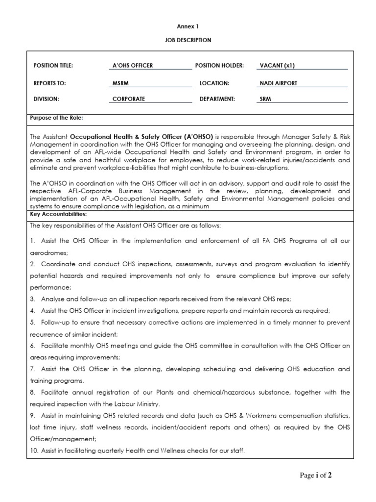 Assistant Ohs Officer | PDF | Occupational Safety And Health | Working ...