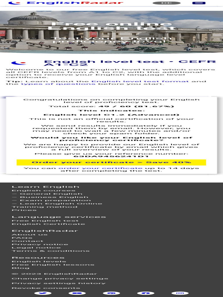 English Level Test (A1-C2) - Online English Test EnglishRadar | PDF ...