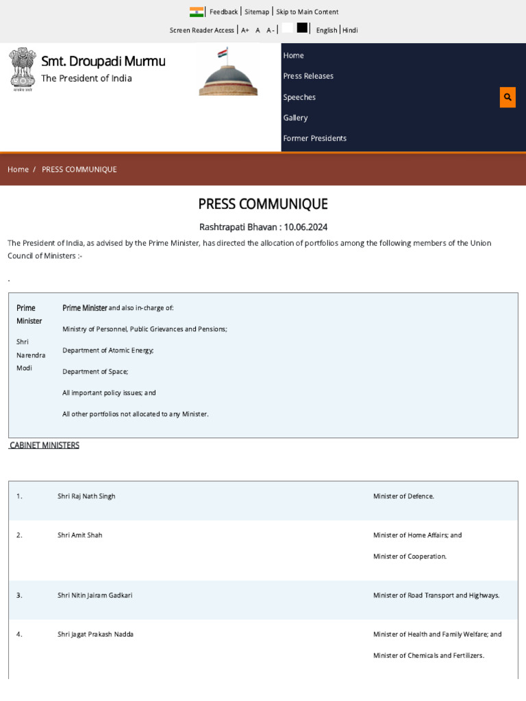 PRESS COMMUNIQUE - President of India | PDF