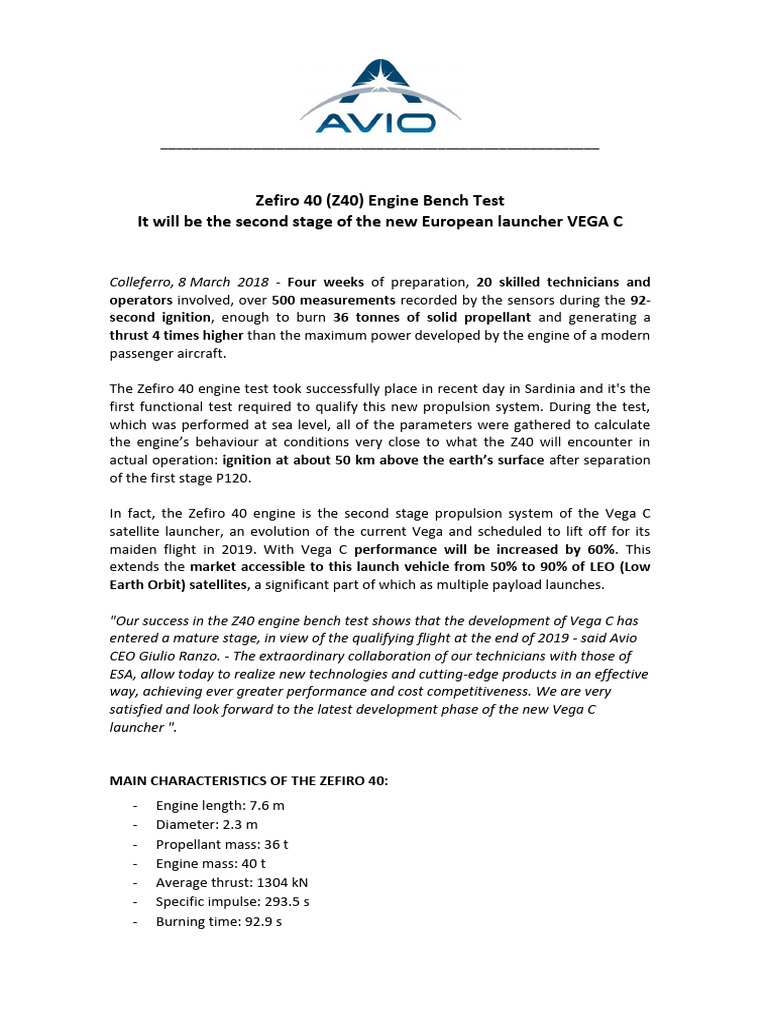 Zefiro 40 Engine Test for Vega C Launcher | PDF | Launch Vehicle ...