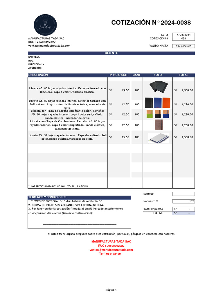 Cotizacion TADA - 2024-0038 - Libretas A5 | PDF | Finanzas y dinero | Tecnología