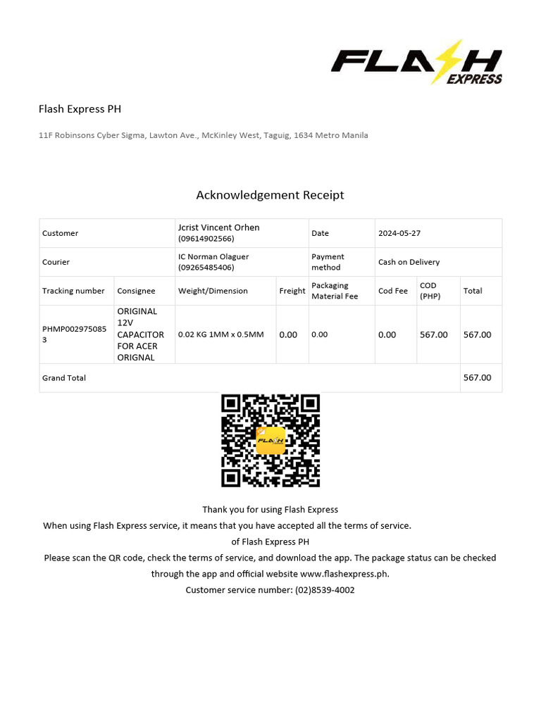 Flash Express Acknowledgement Receipt (Editable) | PDF