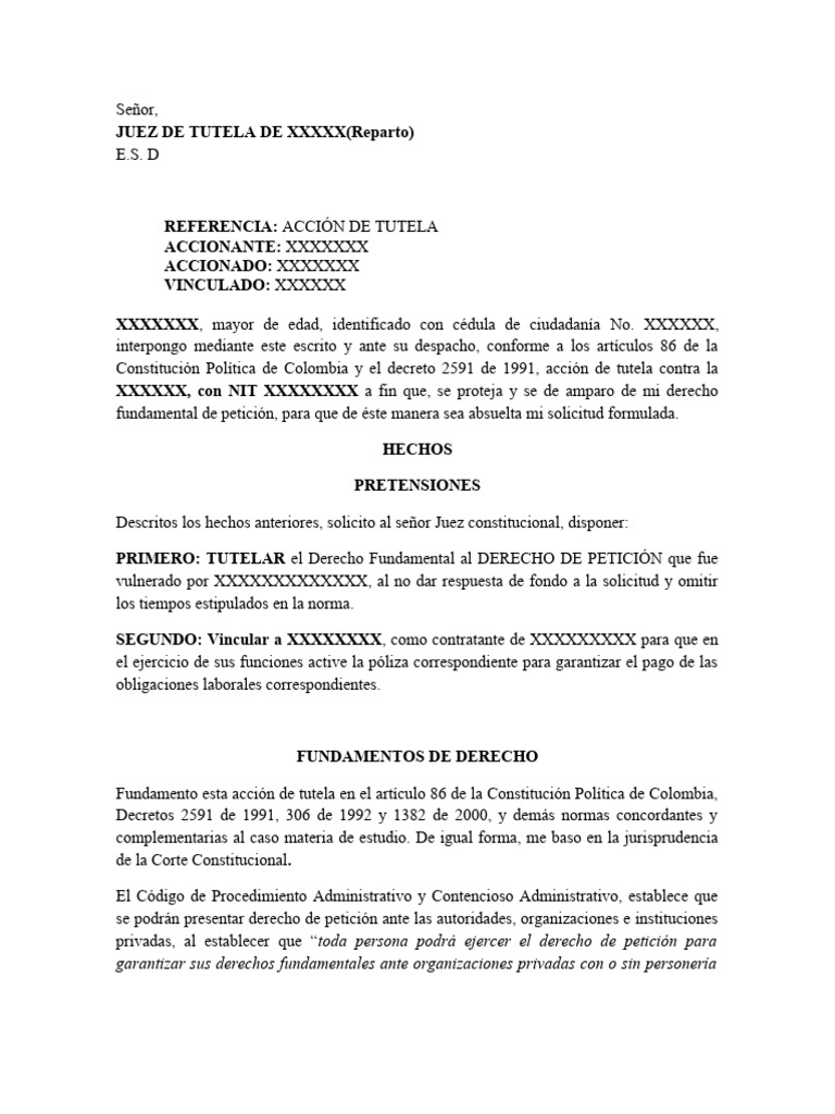 Formato Tutela Derecho de Petición | Descargar gratis PDF | Petición ...