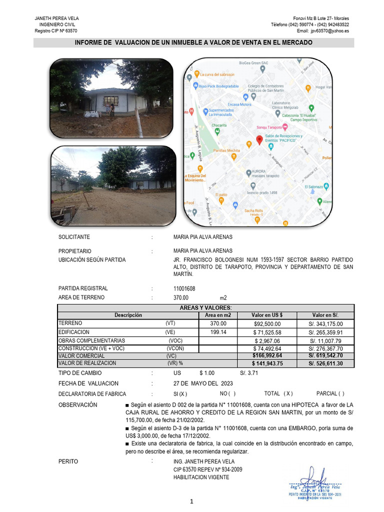 Informe de Valuación de Inmueble en Tarapoto | PDF | Valoración ...