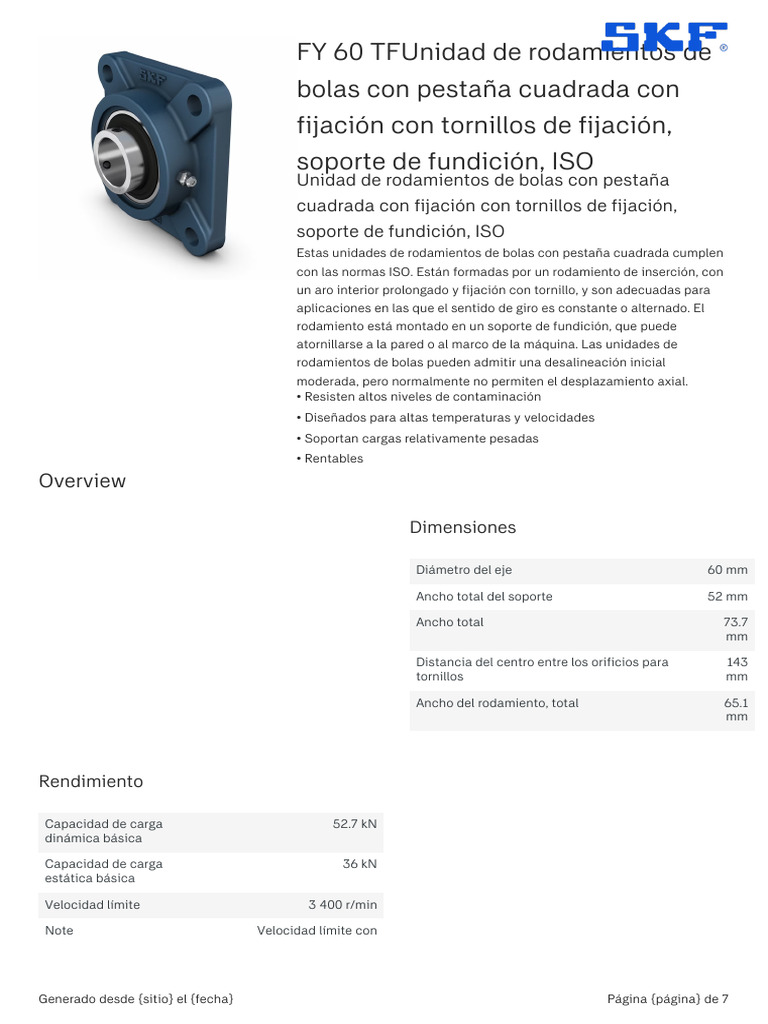 SKF FY 60 TFUnidad de Rodamientos de Bolas Con Pestaña Cuadrada Con Fijación Con Tornillos de ...