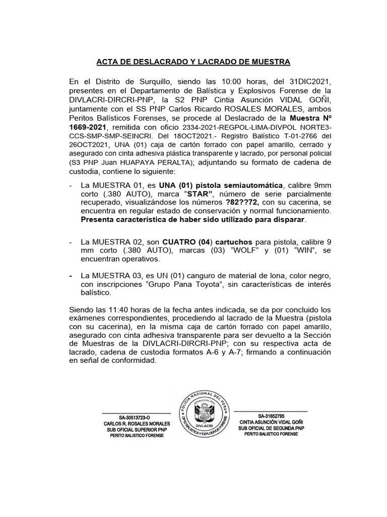 Actas de Lacrado 2024 | Descargar gratis PDF | Pistola | Calibre