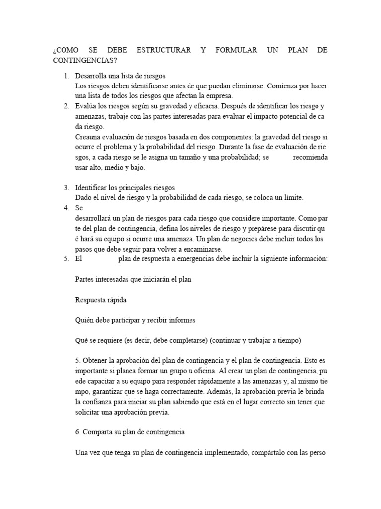 Como Se Debe Estructurar y Formular Un Plan de Contingencias | PDF | Negocios | Finanzas y ...