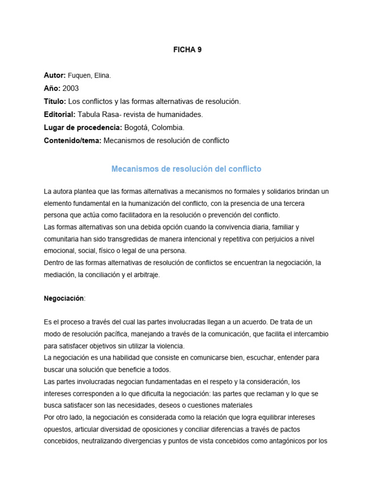 FICHA 9- Mecanismos de resolución de conflictos | PDF | Mediación | Conflicto (proceso)