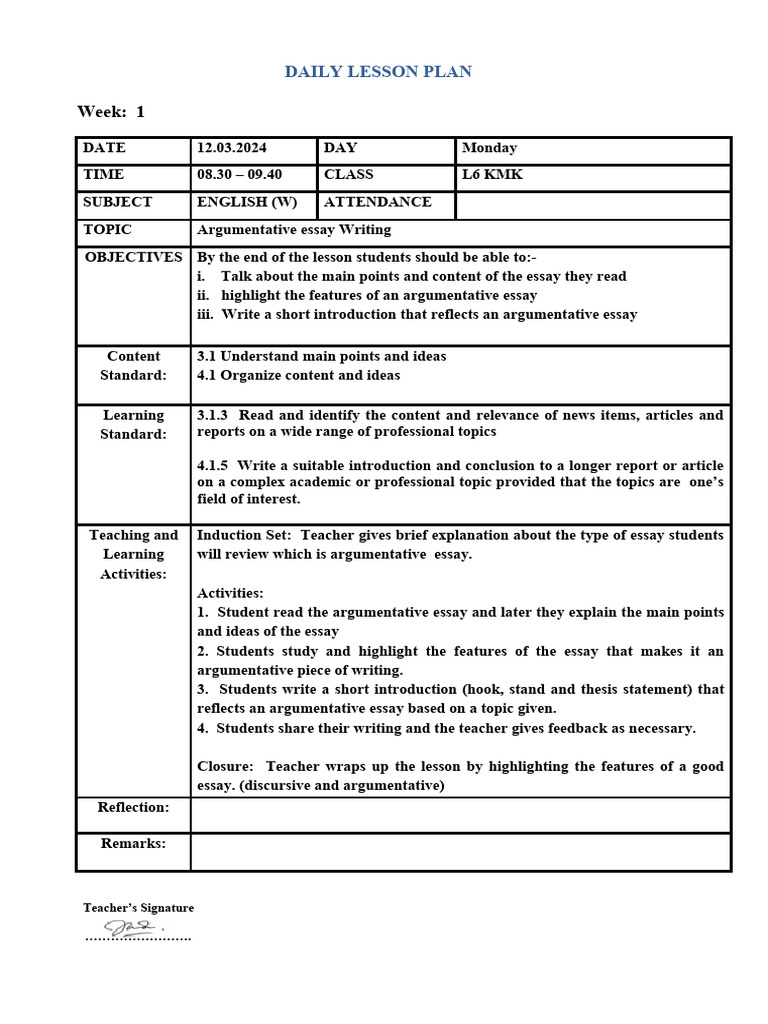 Lesson Plan Form 6 English Week 1 | Download Free PDF | Essays | Lesson ...
