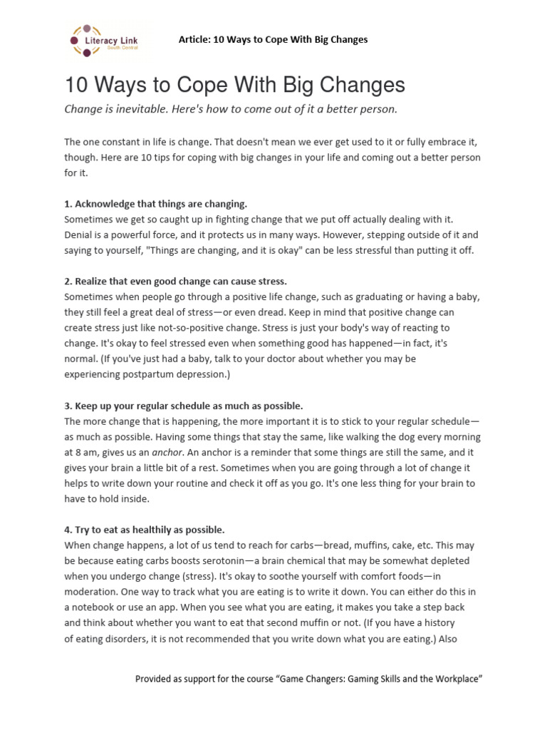 10 Ways To Cope With Big Changes | PDF | Laughter | Stress (Biology)