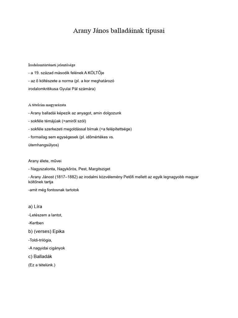 Arany JÃ¡nos Balladã¡inak Tã - Pusai | PDF