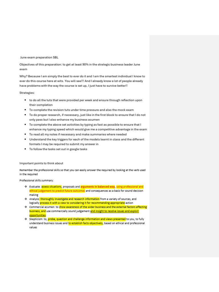 June Exam Preparation SBL | PDF | Strategic Management | Competitive ...