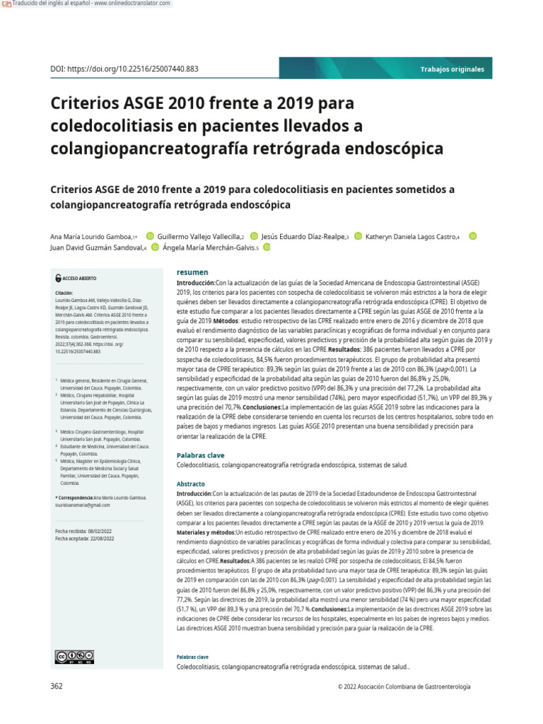 Cristerios ASGE 2010 Frente A 2019 para Coledocolitiasis en Pctes ...