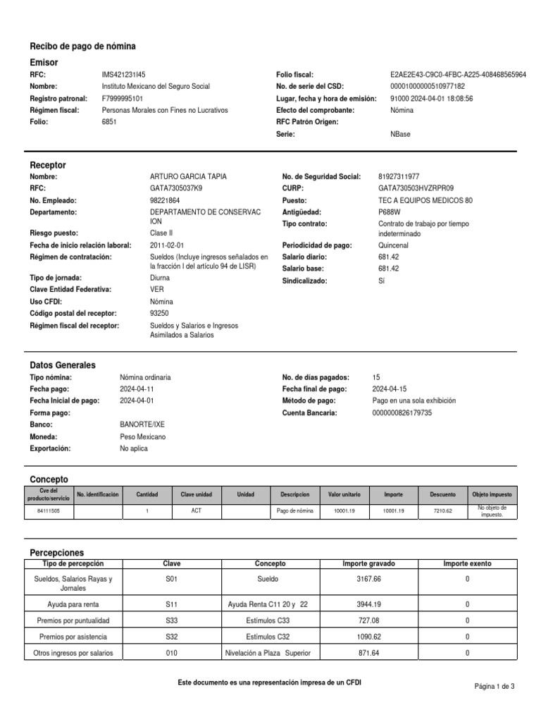 Recibo de Pago de Nómina Emisor: Este Documento Es Una Representación Impresa de Un CFDI | PDF ...