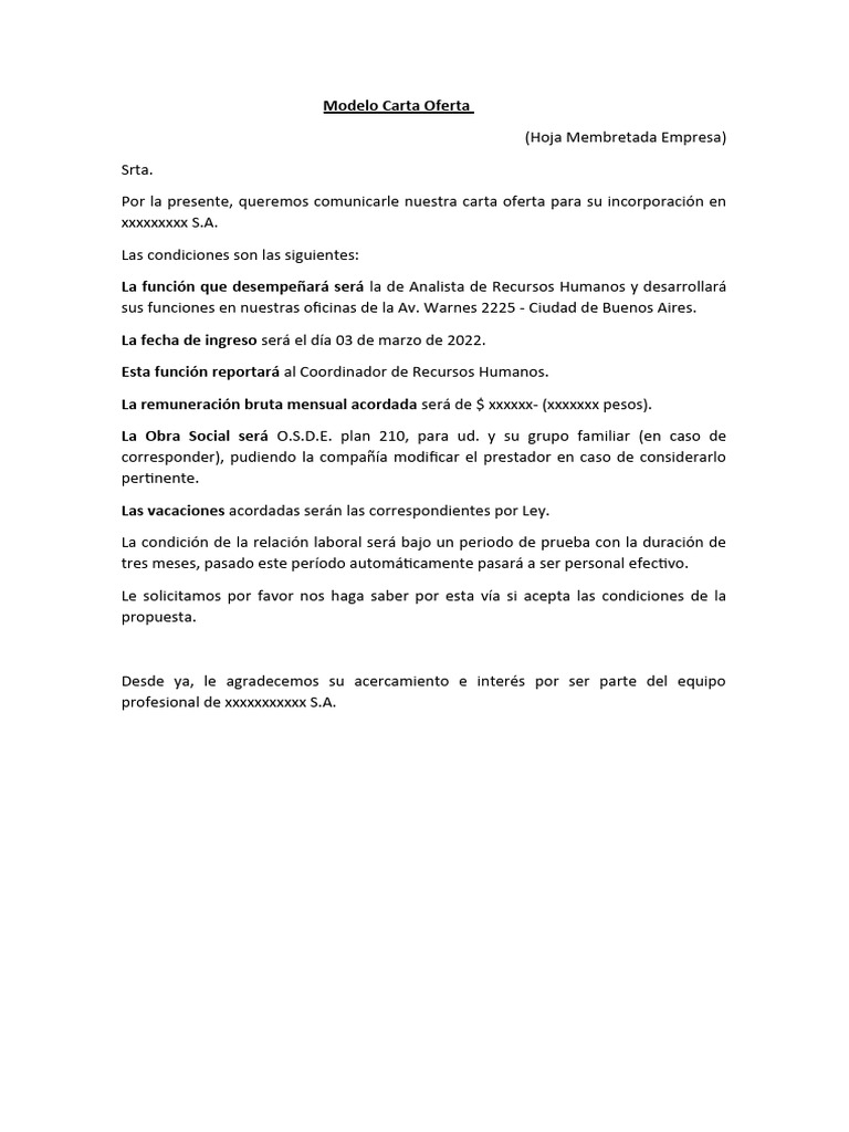 Modelo de Carta Oferta Laboral | PDF
