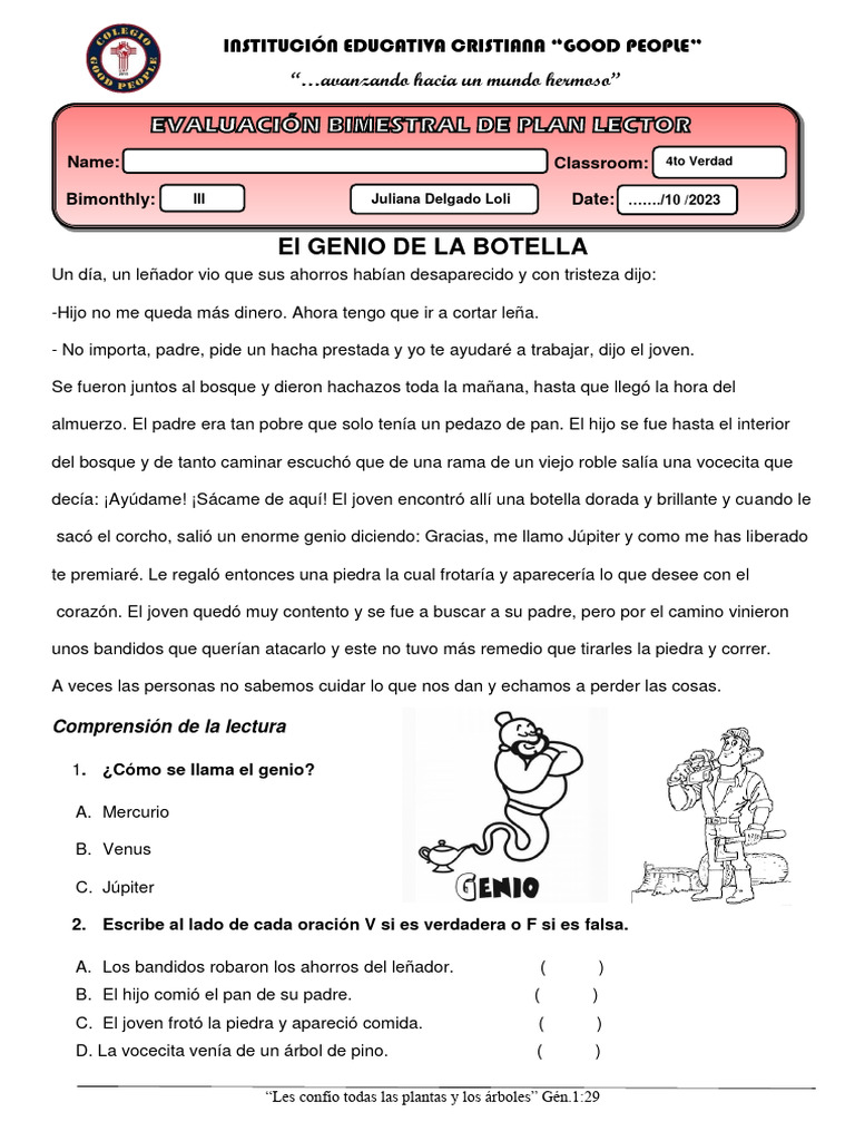 Evaluación Deplan Lector 4to Verdad 1 y 2 | PDF | Religión y espiritualidad
