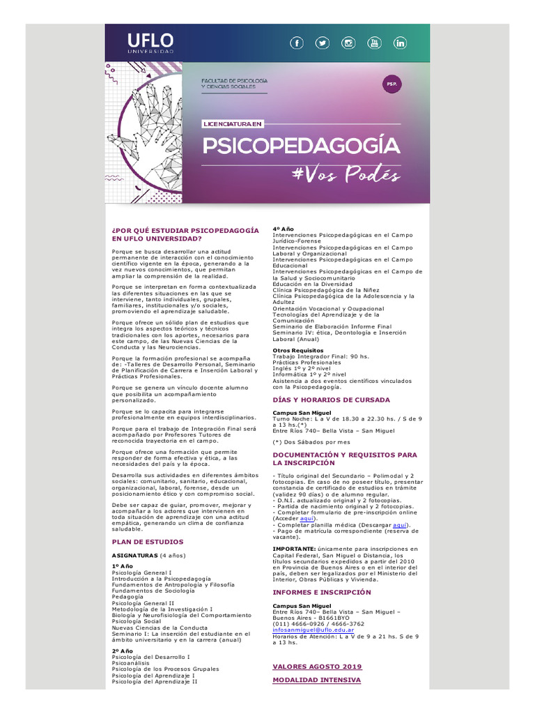 Psicopedagogia Plan de Estudios UFLO | PDF | Relaciones personales, crianza y desarrollo personal