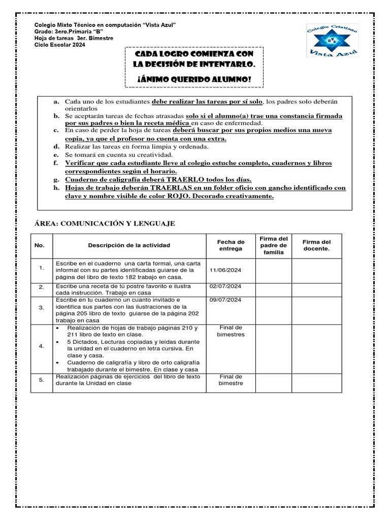 HOJA DE TAREAS 3B TERCERO B-1 | PDF