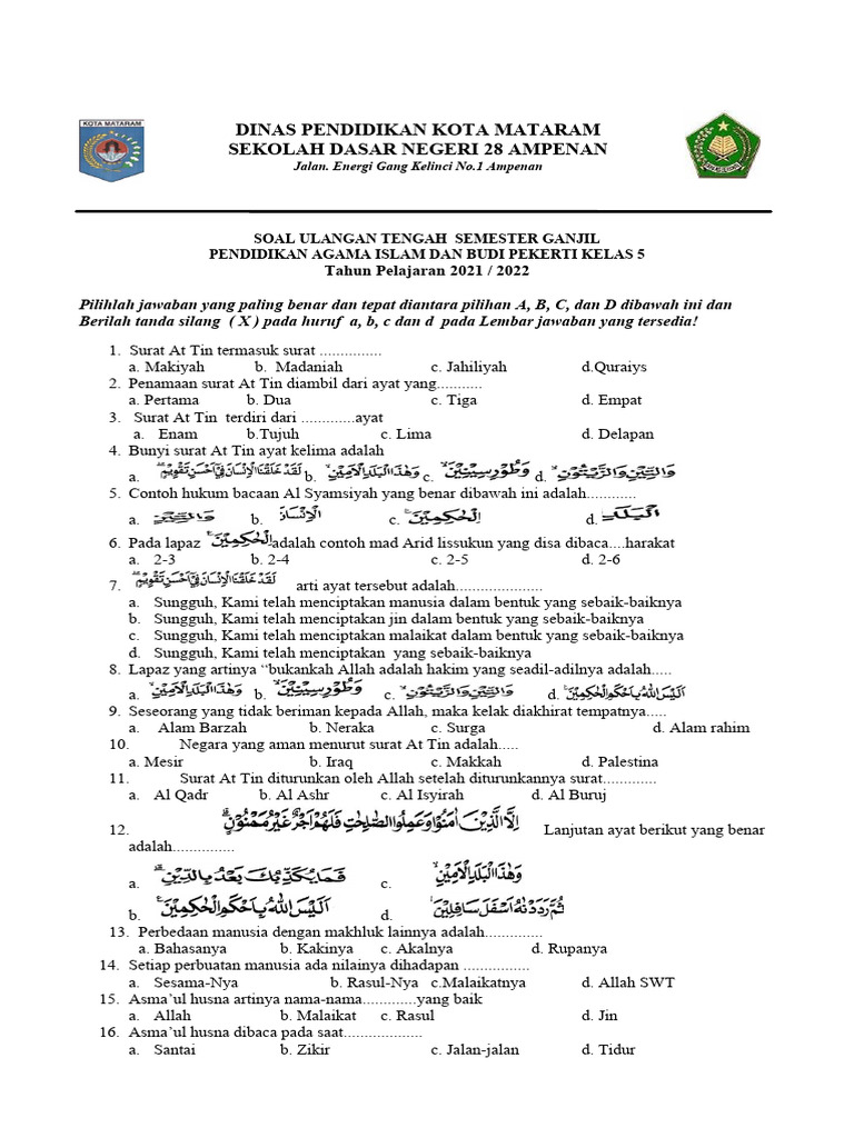 Soal Mid Semester Genap KLS 5 | PDF