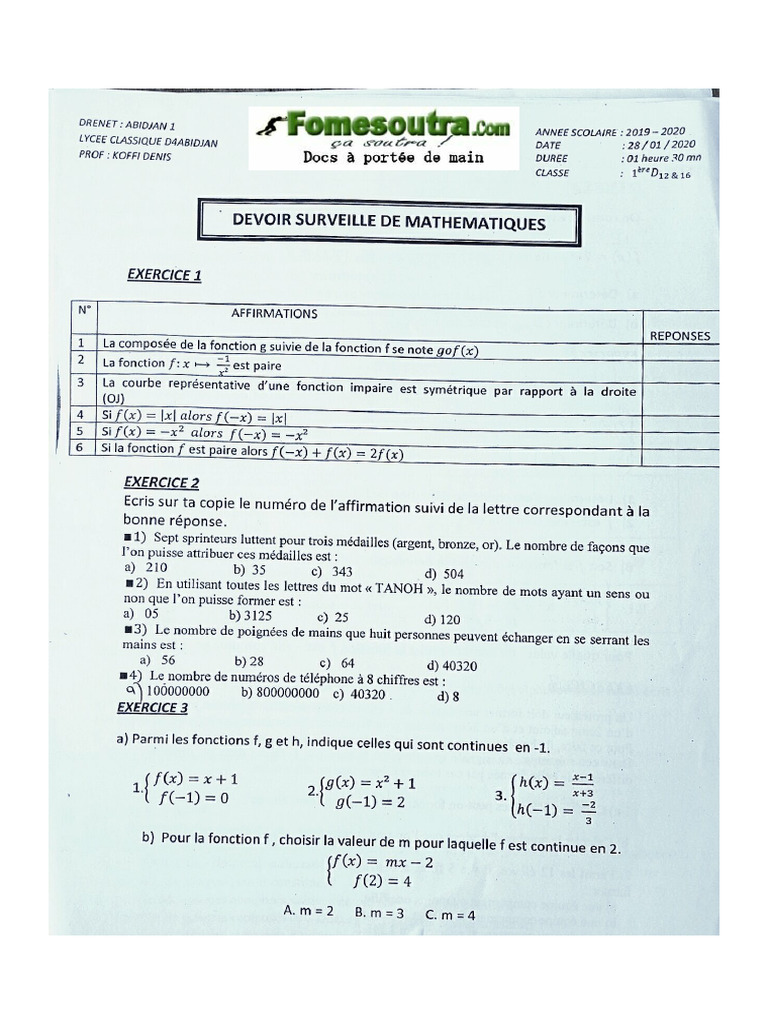 Devoir MAth 1ere D | PDF