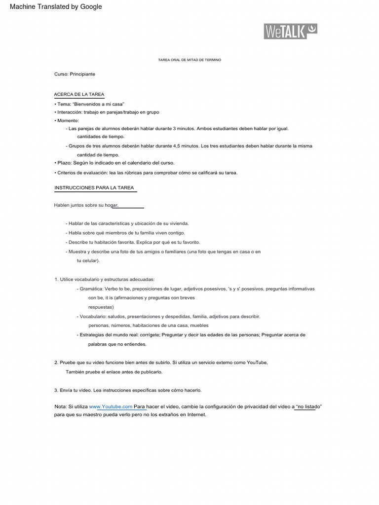 Beginner MT Oral Task (Ea) | PDF | Lingüística