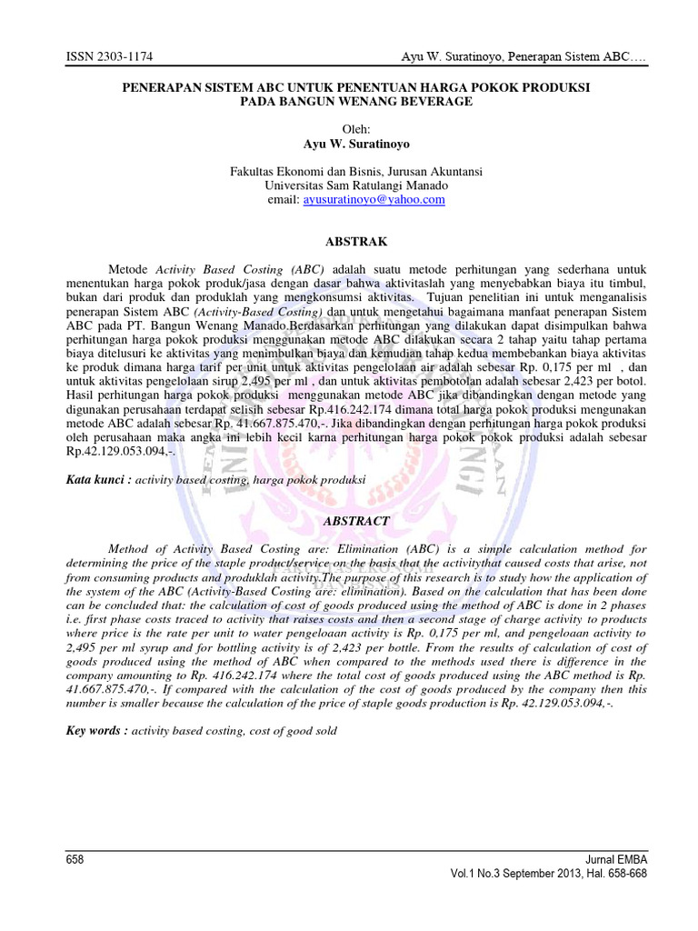 1684 ID Penerapan Sistem ABC Untuk Penentuan Harga Pokok Produksi Pada Bangun Wenang Bev | PDF