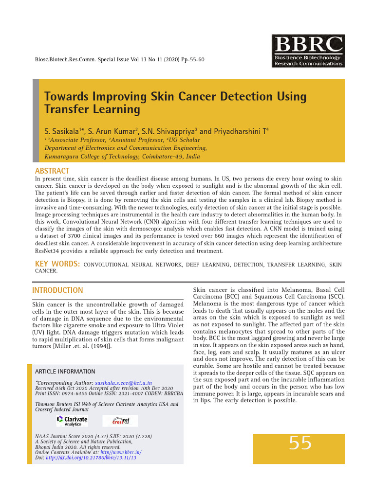 Skin Cancer Detection Using Transfer Learning Sasikala Et Al Pdf