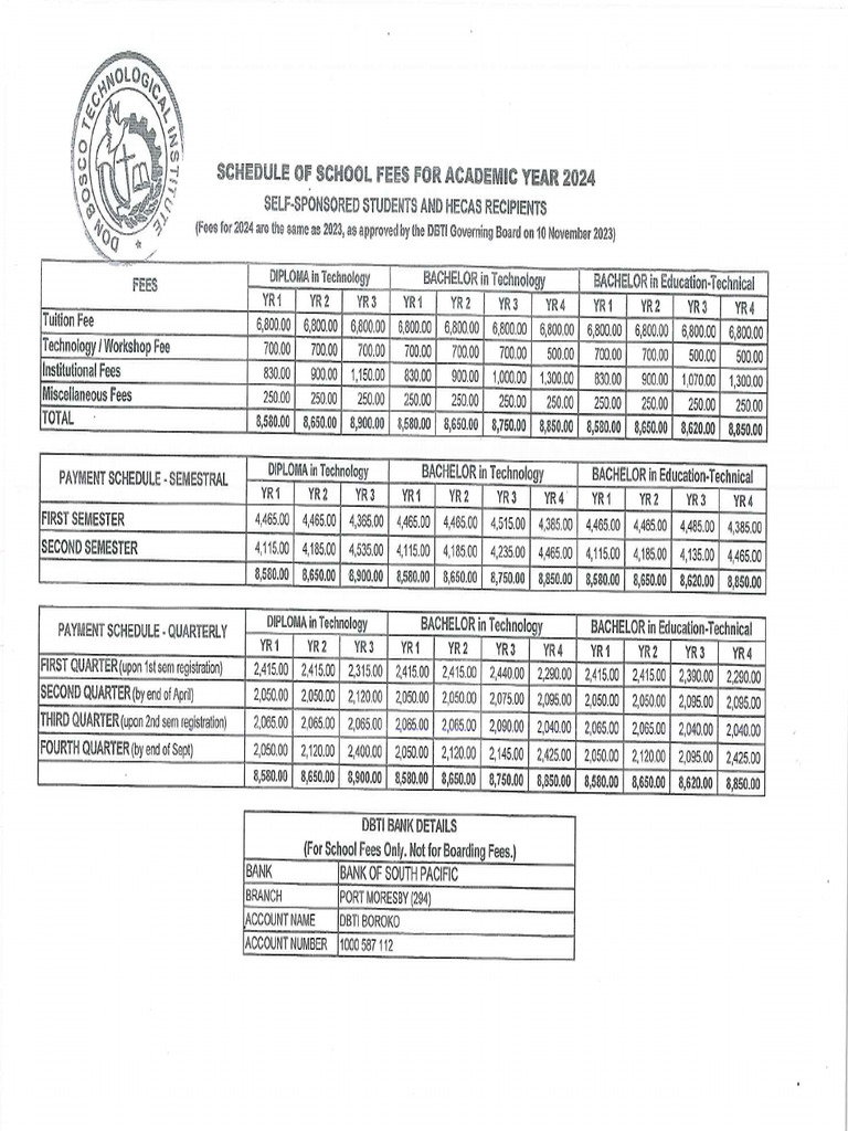 2024 DBTI School Fees Schedule | PDF