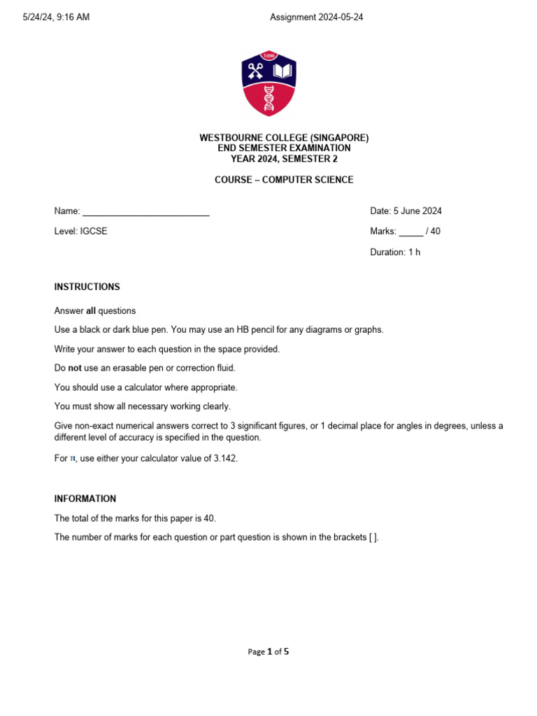 IG Computer Science (Year 1) 2024 Sem 2 EOY Paper | PDF | Computer Data Storage | Decimal